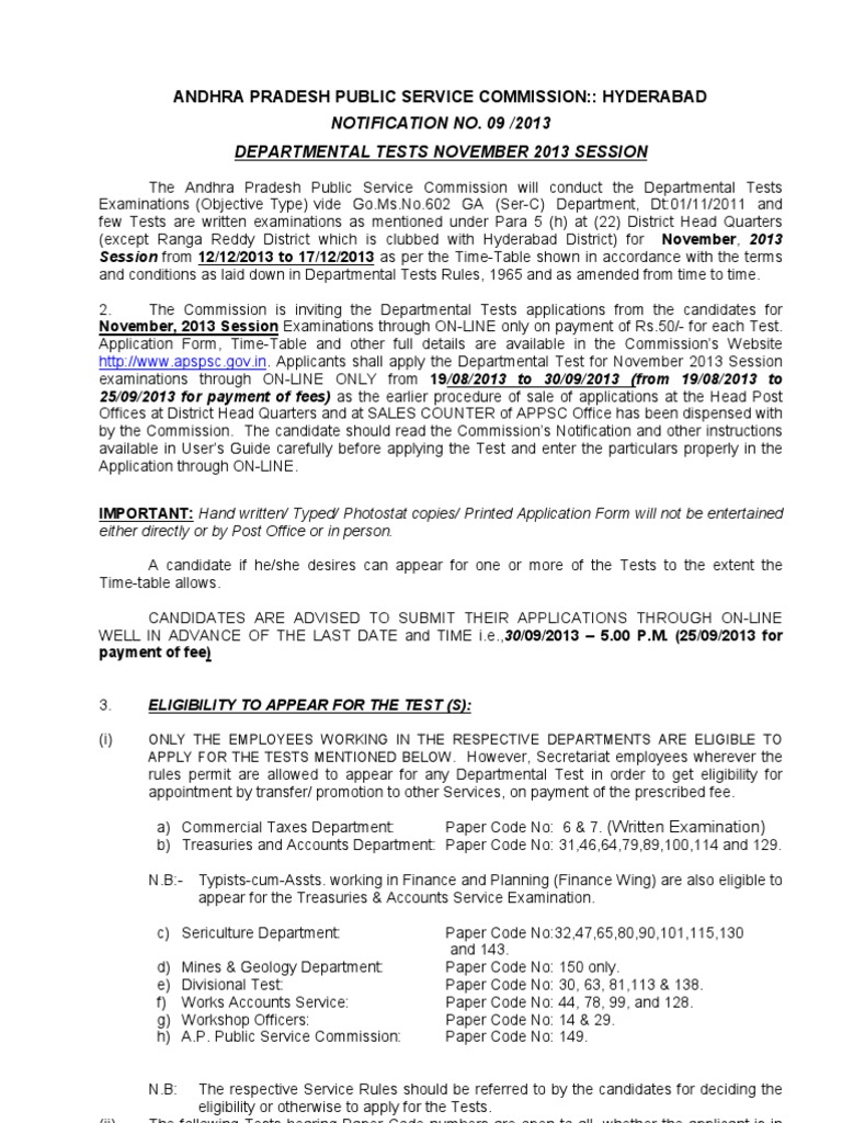 APPSC Departmental Test Notification 2013 | PDF | Test (Assessment ...