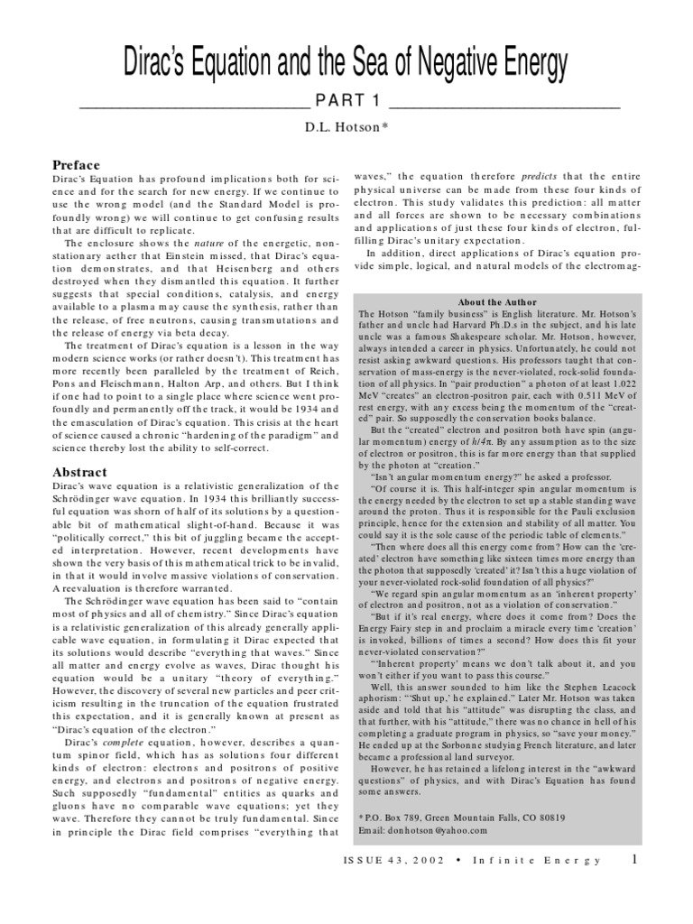 Dirac Equation-Sea of Negative Energy (Free Energy) - Hotson (David ...
