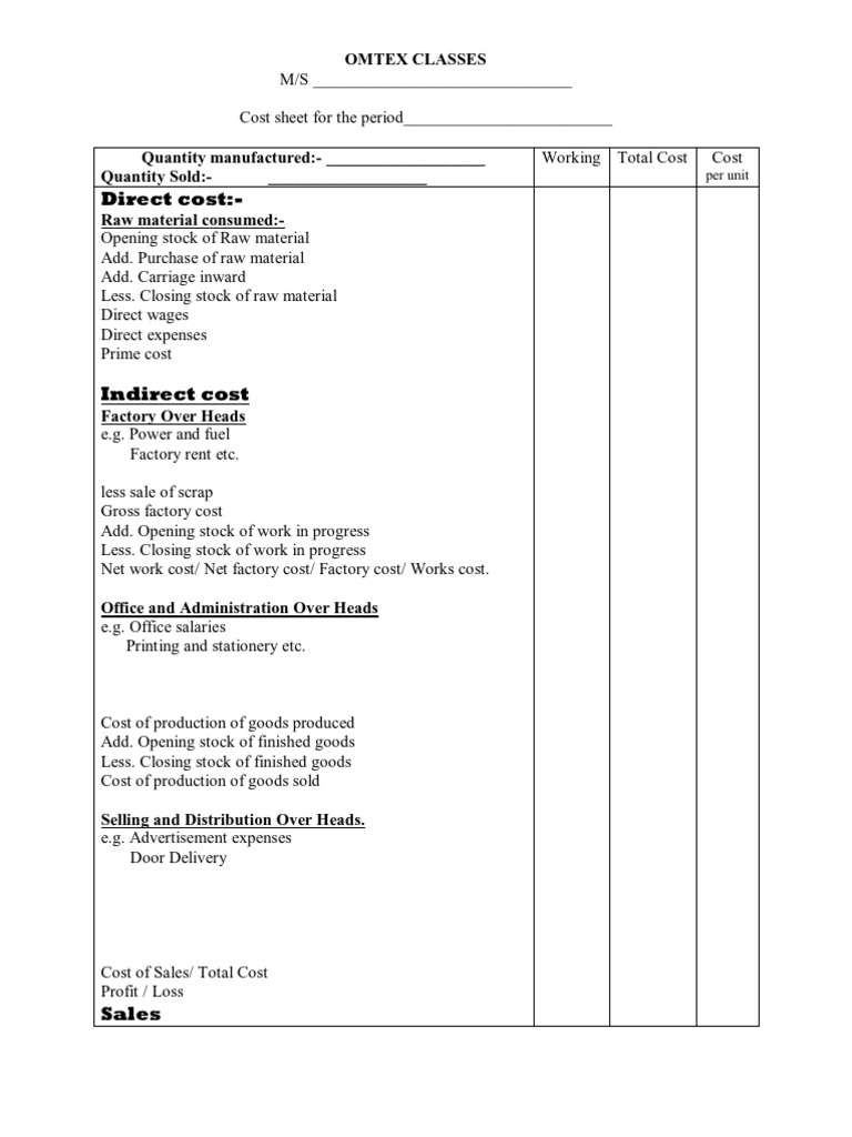 Cost Sheet Format | PDF