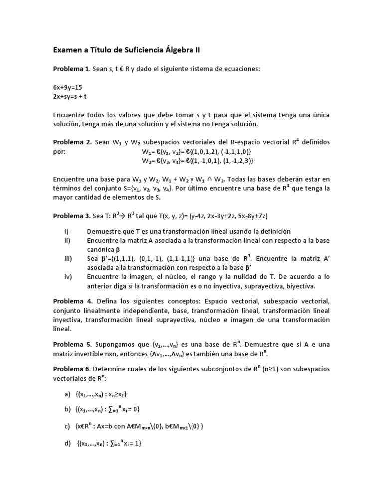 Examen A Título de Suficiencia Álgebra II | PDF | Mapa lineal | Base ...