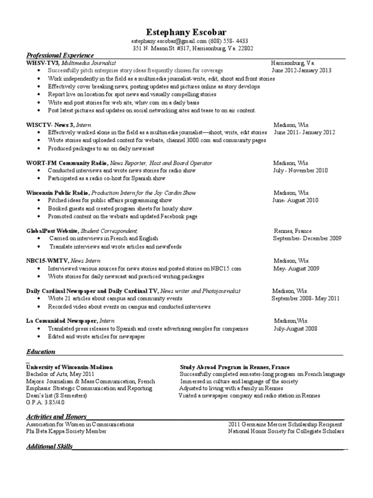 Estephany J. Escobar's Resume 2013 | PDF | News | News Broadcasting