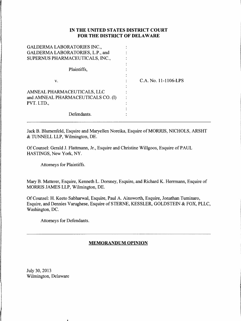 Galderma Laboratories Inc. v. Amneal Phamaceuticals, LLC, C.A. No. 11 ...