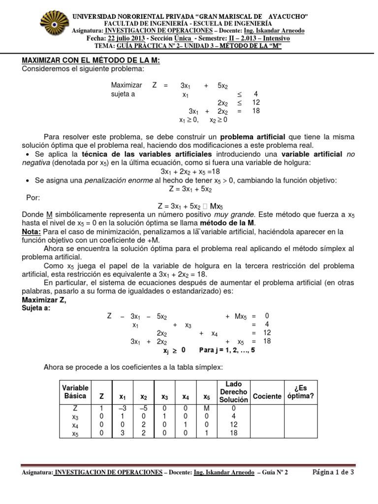 Método de la M para problemas de optimización con variables artificiales | PDF | Objetos ...