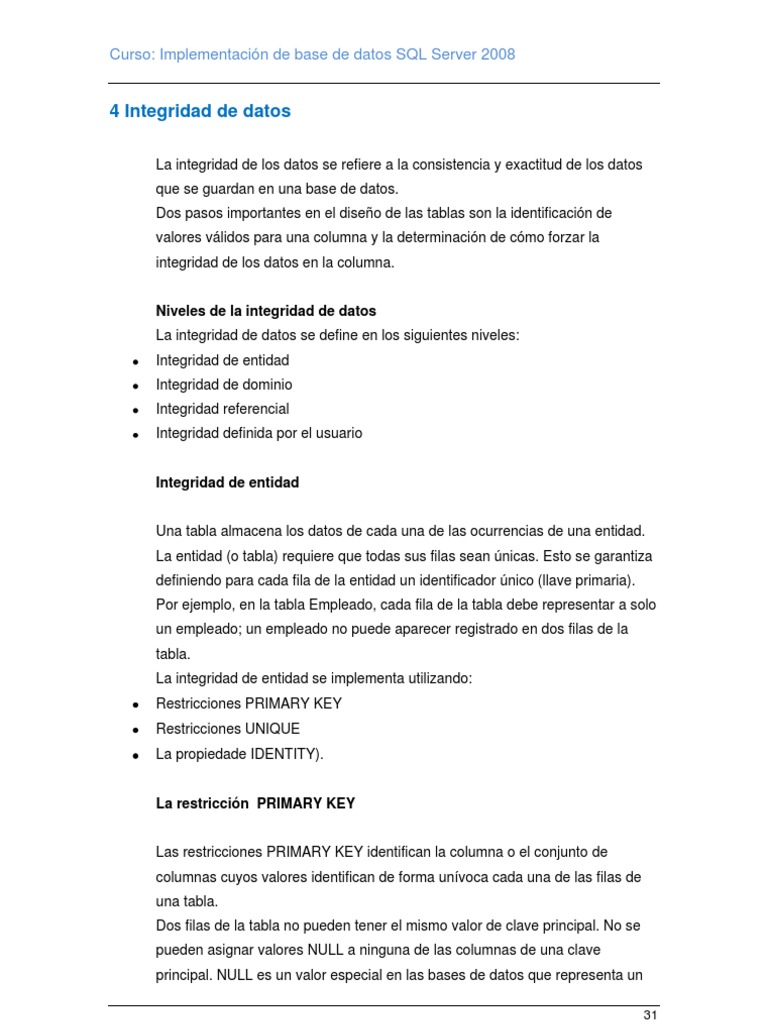 Integridad Datos | PDF | Tabla (base de datos) | Servidor SQL de Microsoft