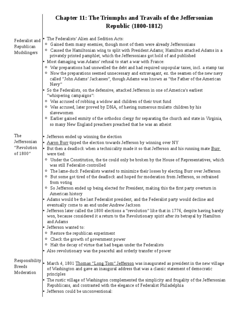 APUSH Chapter 11 Notes (Up To P. 225) | PDF | Federalist Party | Thomas ...