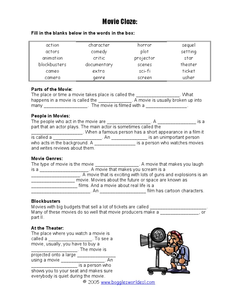 Movie Cloze:: Fill in The Blanks Below in The Words in The Box | PDF ...
