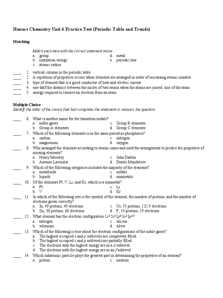 Honors Chemistry Unit 6 Test Review | PDF | Ion | Periodic Table