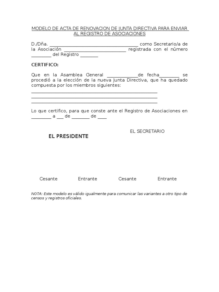 Modelo de Acta de Renovacion de Junta Directiva para Enviar Al Registro de Asociaciones | PDF