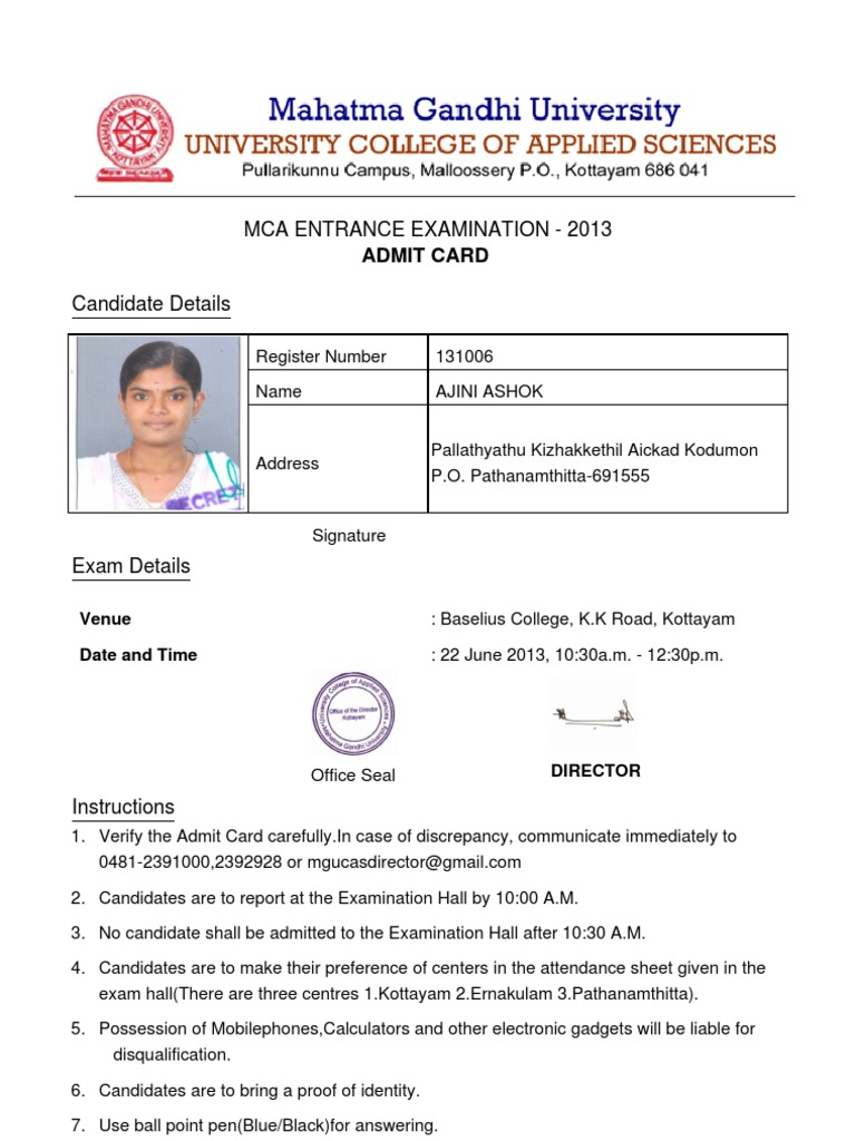 Mca Entrance Examination - 2013: Admit Card | PDF