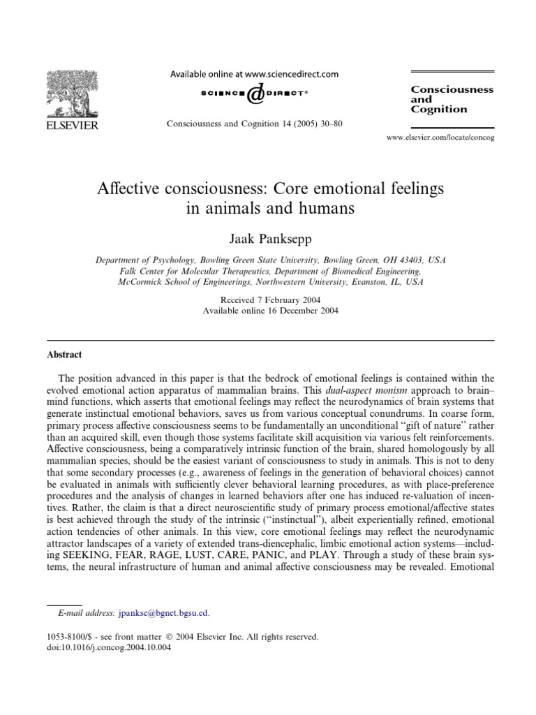 Affective Consciousness Core Emotional Feelings in Animals and Humans ...