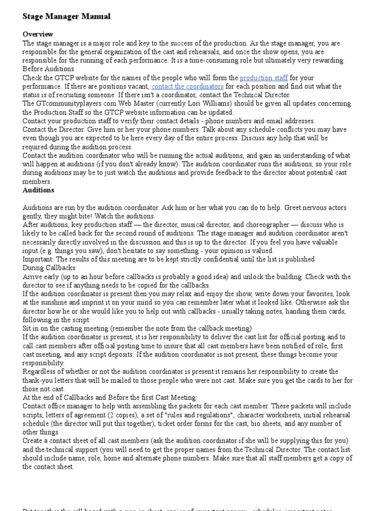 Stage Manager Manual: Production Staff Contact The Coordinators | PDF ...