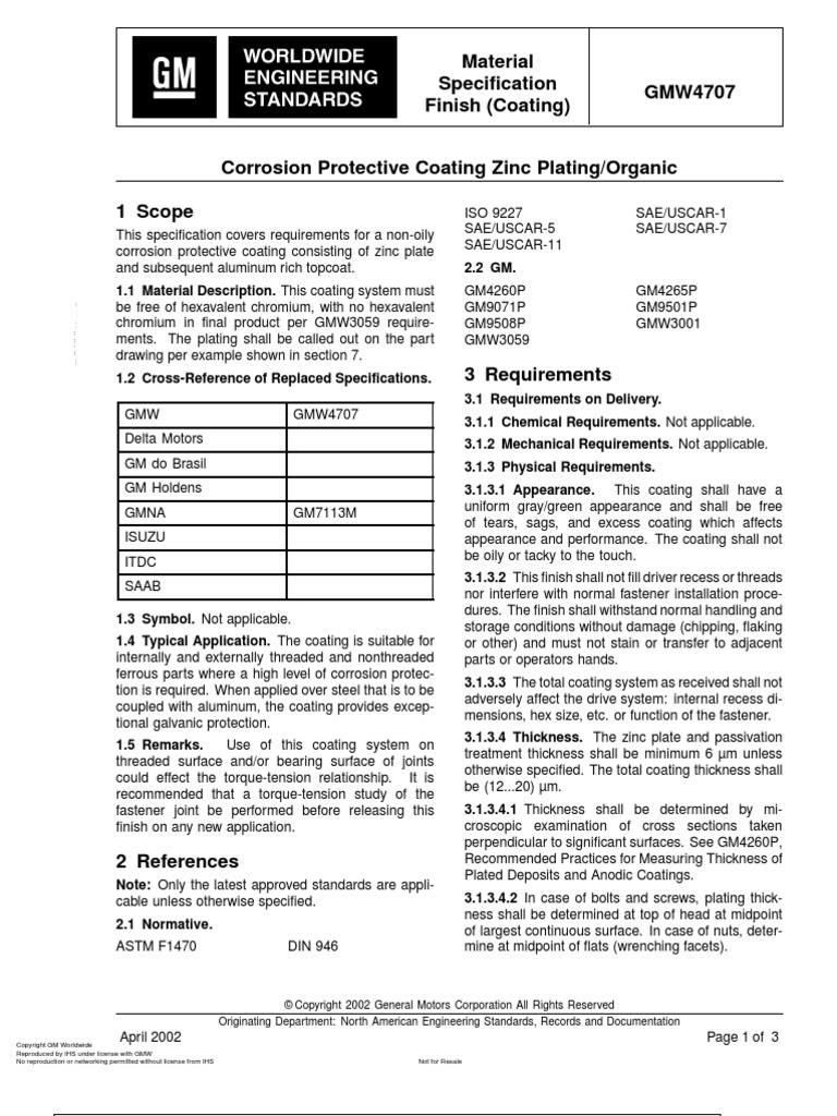 GMW - 4707-2002 Corrosion Protective Coating Zinc Plating Organic | PDF ...