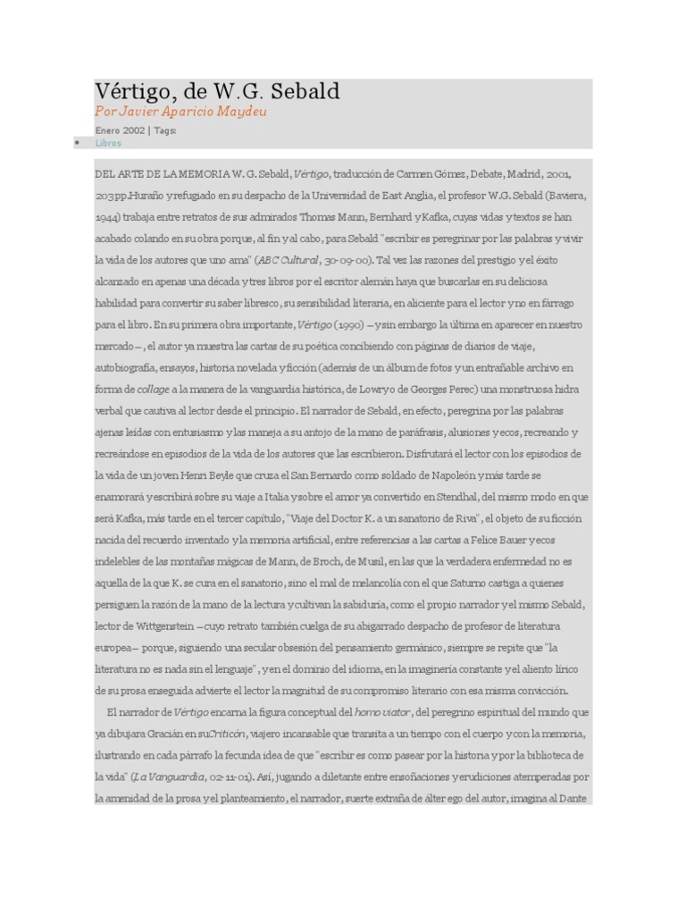 Análisis de "Vértigo" de W.G. Sebald | PDF