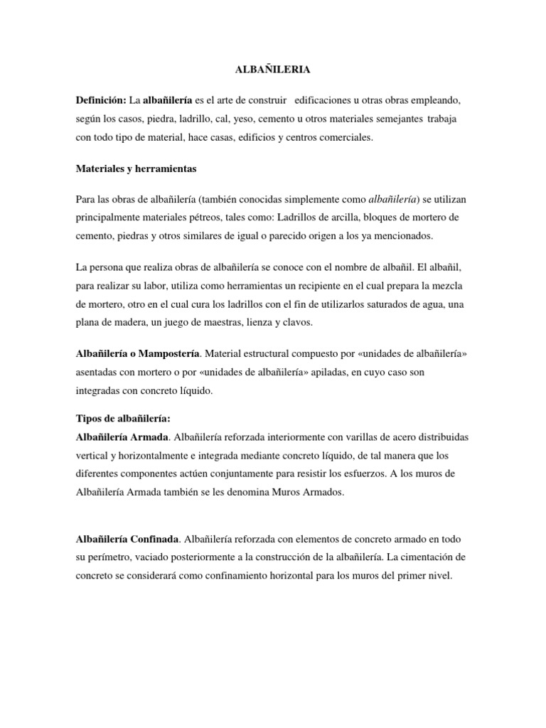 Tipos y Definiciones de Albañilería | PDF | Albañilería | Construyendo ...