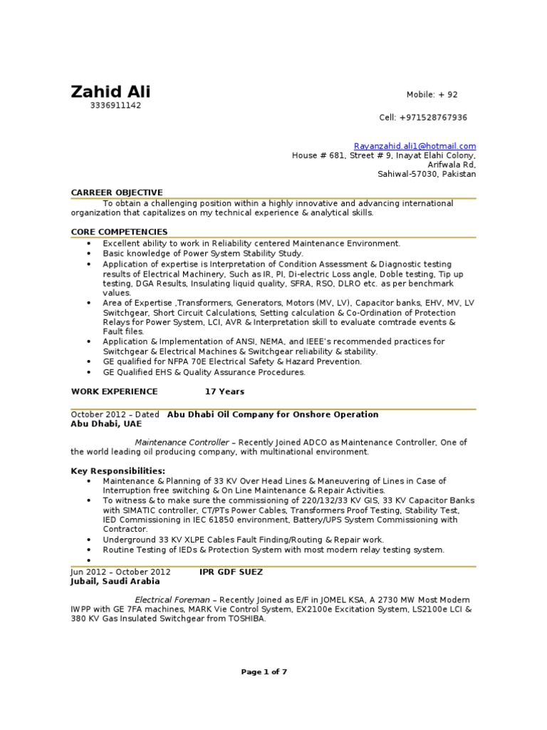 Resume Zahid (1) | Electrical Substation | Transformer