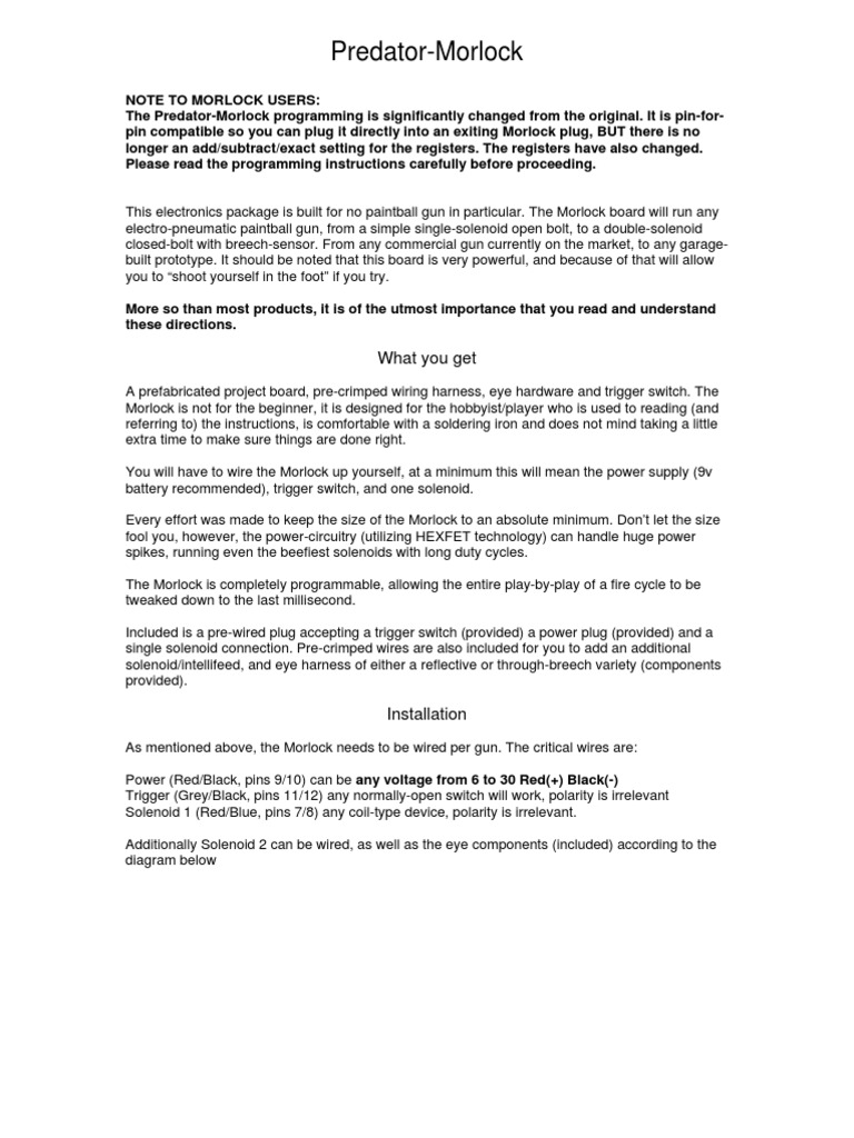 Predator Morlock Board Programming Manual | PDF | Electrical Connector | Switch