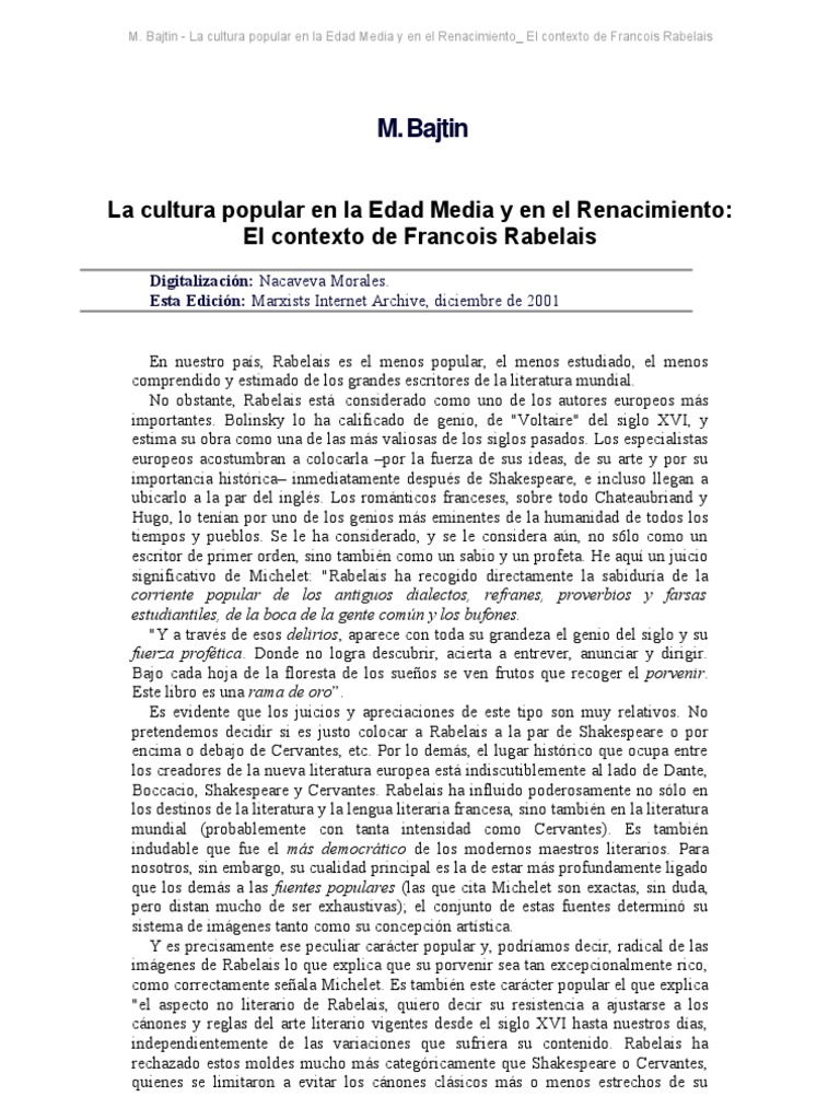 Mijail Bajtin - La Cultura Popular en La Edad Media y en El Renacimiento El Contexto de Francois ...