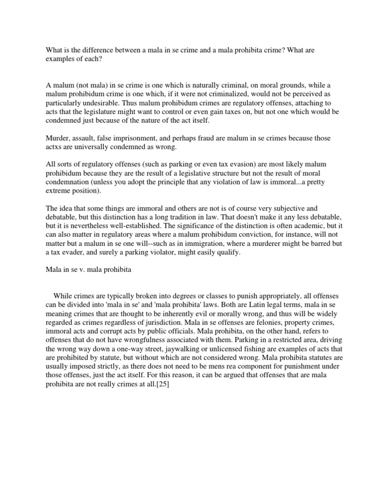 Difference between mala in se and mala prohibita crimes explained | PDF ...