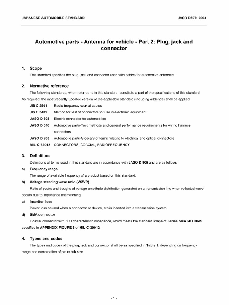 Jsae Jaso D507-2-2003 | PDF | Electrical Connector | Coaxial Cable