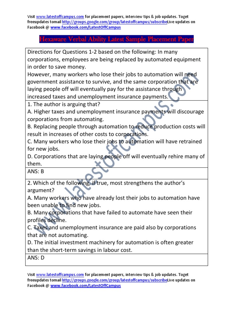 Hexaware Sample Verbal Ability Placement Paper | Download Free PDF ...