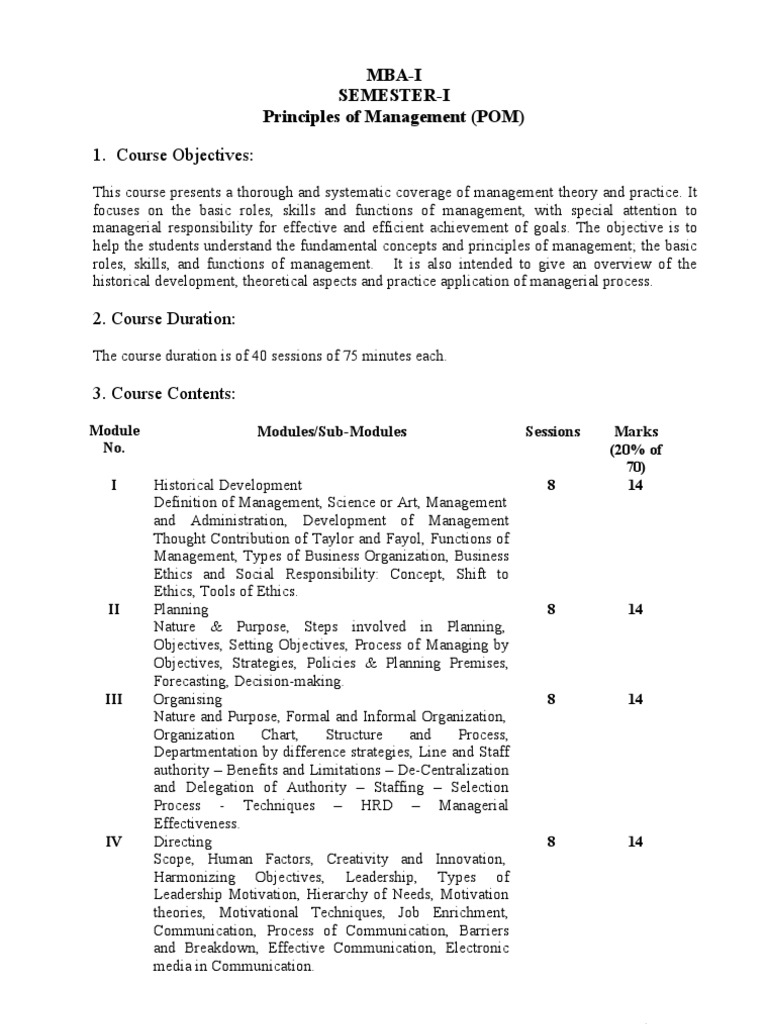 Principle of management syllabus | Motivation | Self-Improvement | Free ...