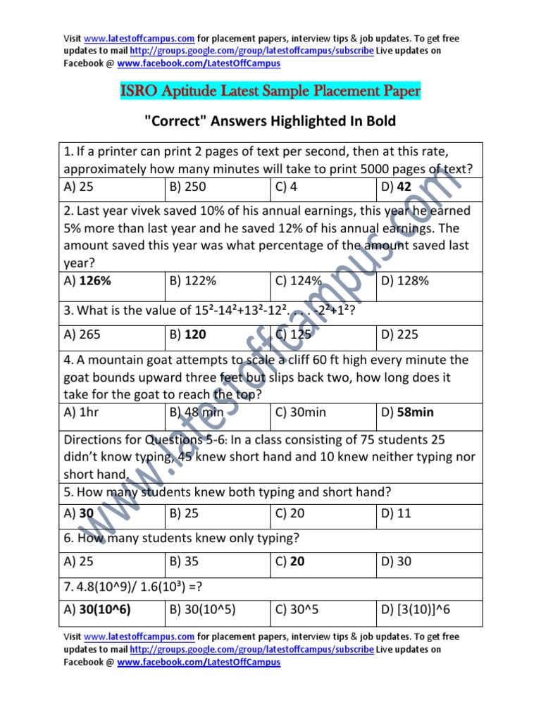 ISRO Sample Aptitude Placement Paper | PDF | Test (Assessment ...