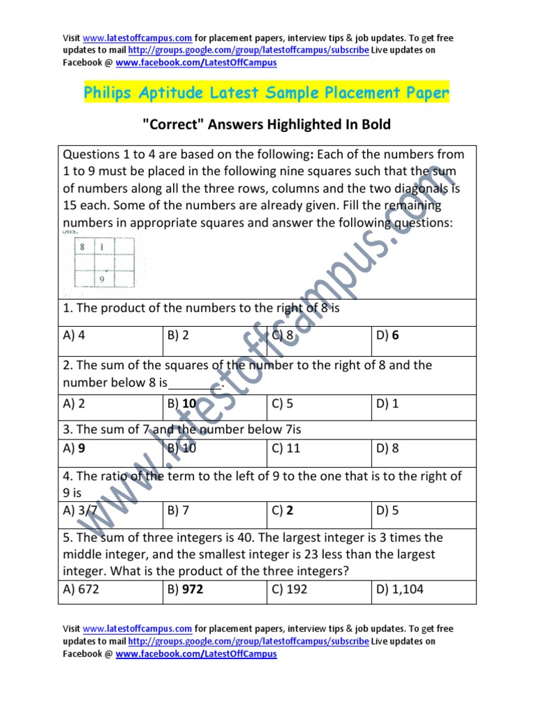 Philips Sample Aptitude Placement Paper | PDF | Teaching Mathematics ...