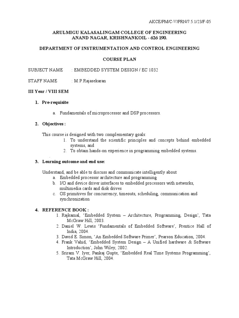 Course Plan Esd | PDF | Embedded System | Scheduling (Computing)