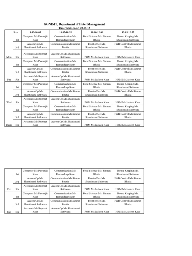 Hotel Management Class Schedule | PDF