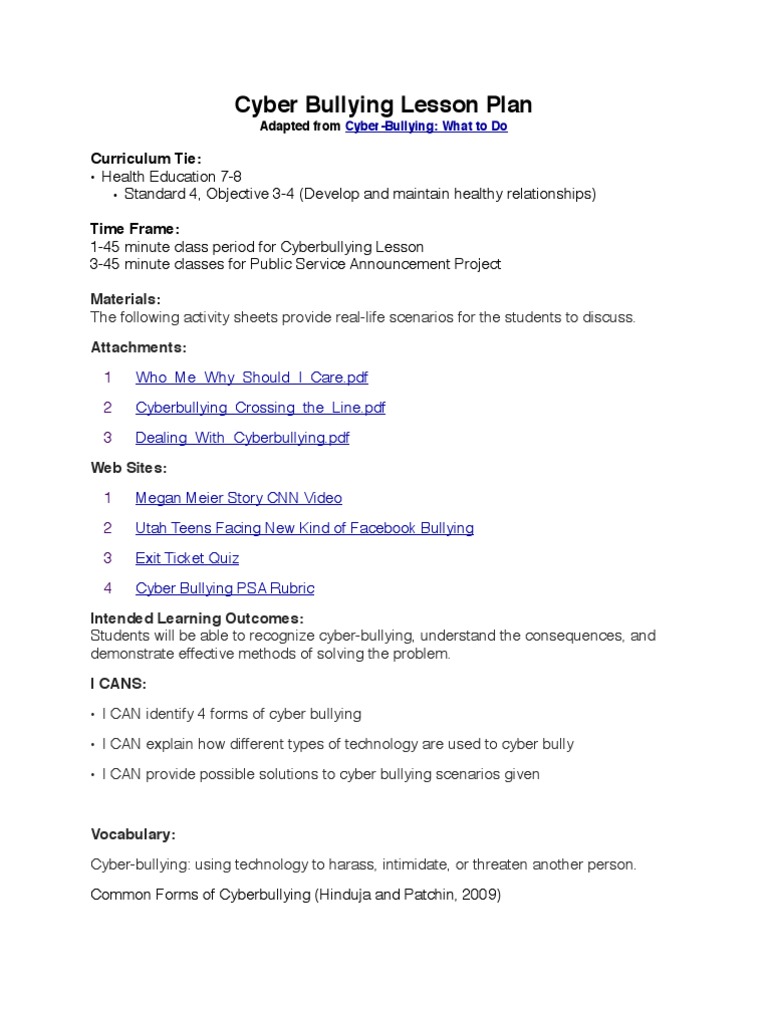 Cyber Bullying Lesson Plan | PDF | Cyberbullying | Communication
