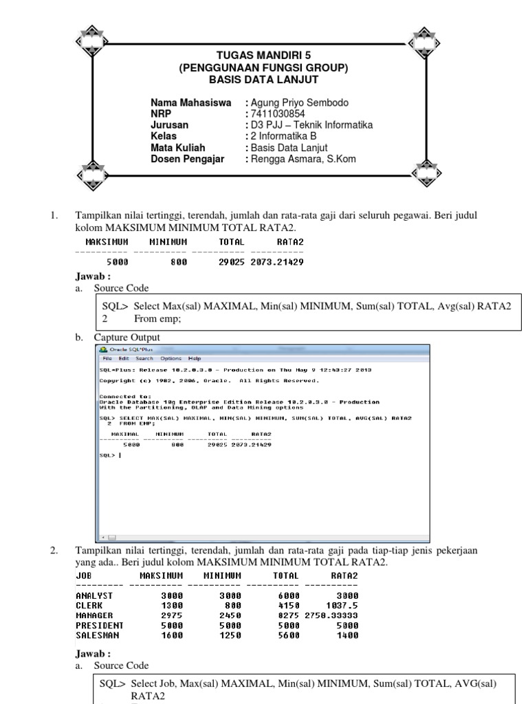 Tugas Mandiri 5 Basis Data Lanjut - Penggunaan Fungsi Group - Agung Priyo Sembodo - 7411030854 | PDF