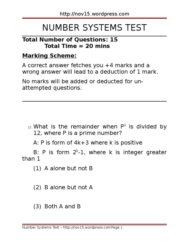 Number Systems Test: Total Number of Questions: 15 Total Time 20 Mins ...
