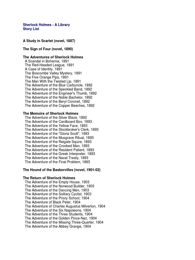 Complete List of Sherlock Holmes Stories | PDF