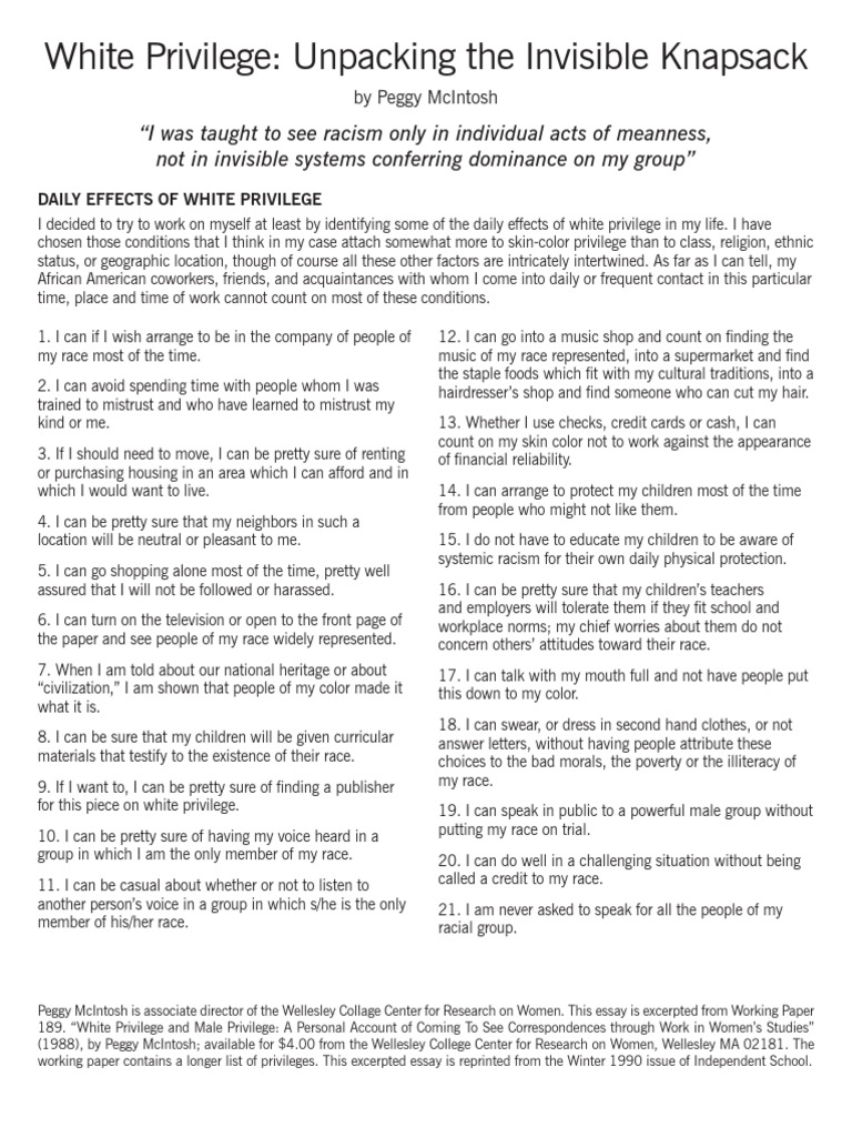 Unpacking Invisible Knapsack | PDF | Racism | Discrimination & Race ...