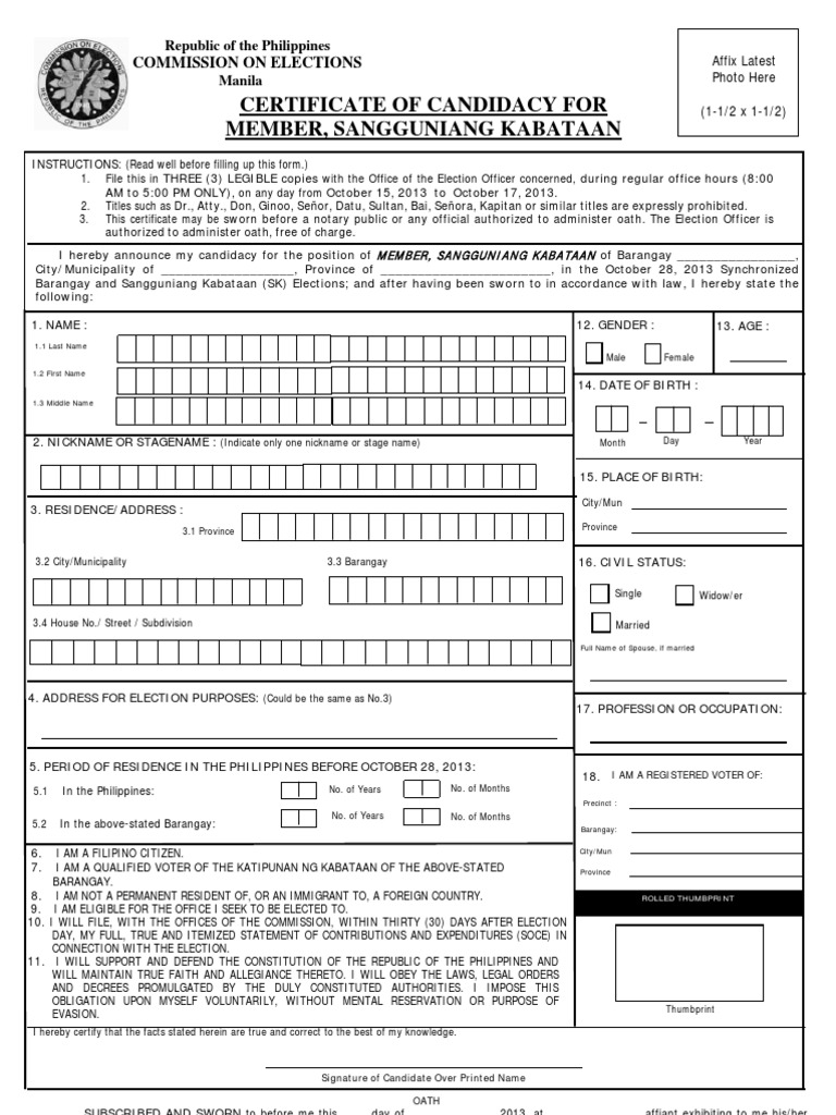 Certificate of Candidacy for SK Elections | PDF