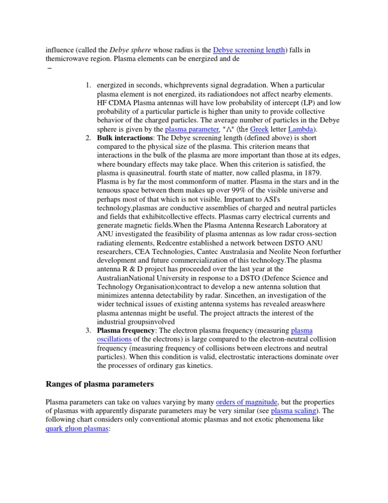 Debye Screening Length: Ranges of Plasma Parameters | PDF | Plasma ...
