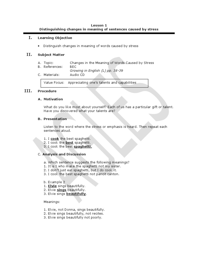Lesson 1 Change in The Meaning of Words Caused by Stress | PDF | Stress ...