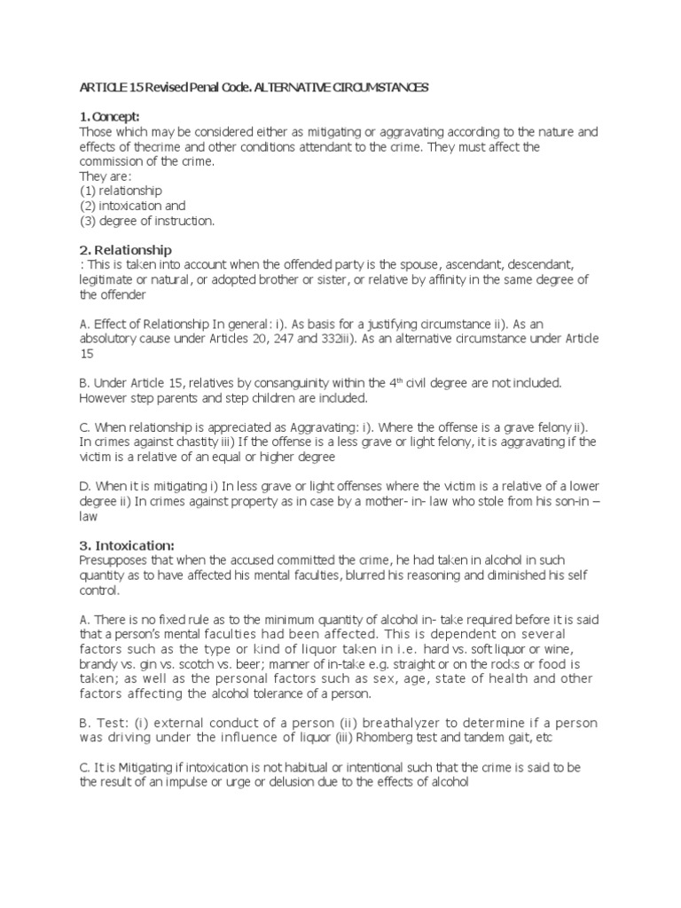 Art 15 Alternative Circumstances Notes | PDF | Alcohol Intoxication ...