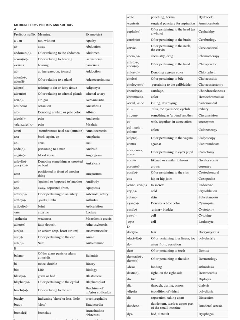 Medical Terms Prefixes and Suffixes | PDF | Thorax | Organ (Anatomy)