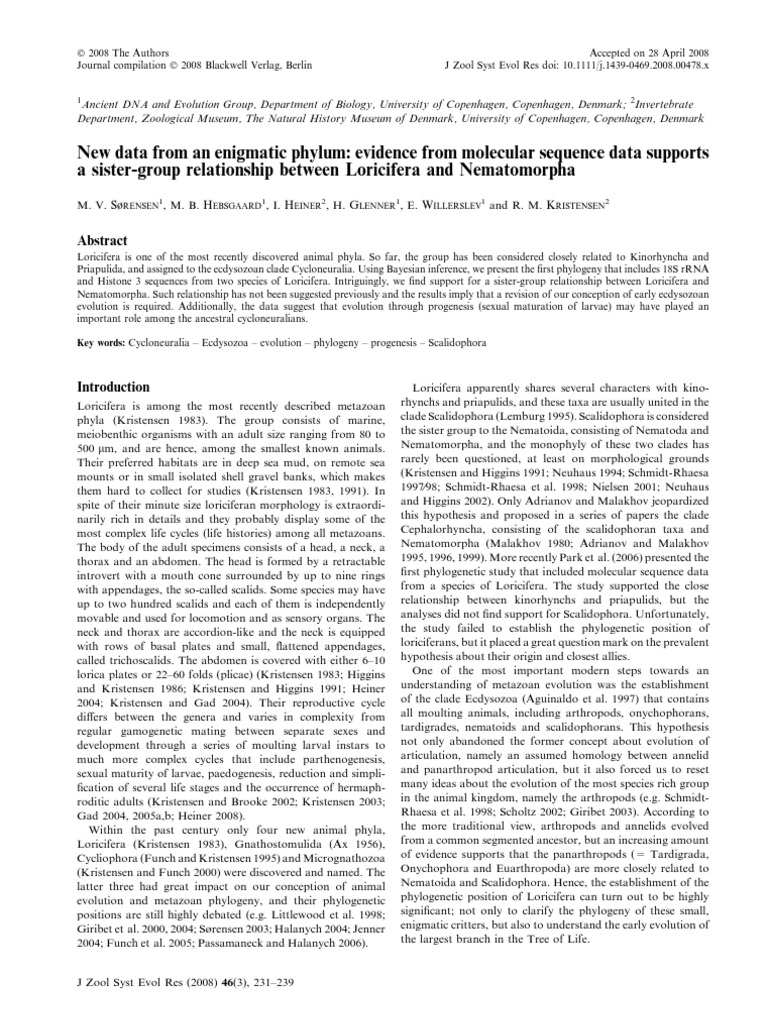 Sorensen y Cols. 2008 Relacion Entre Loricifera y Nematomorpha | PDF ...