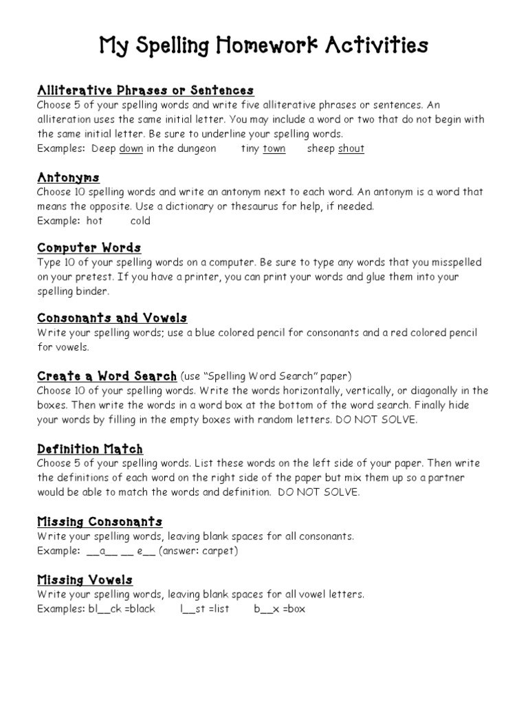 Spelling Homework Activities | PDF | Spelling | Semiotics