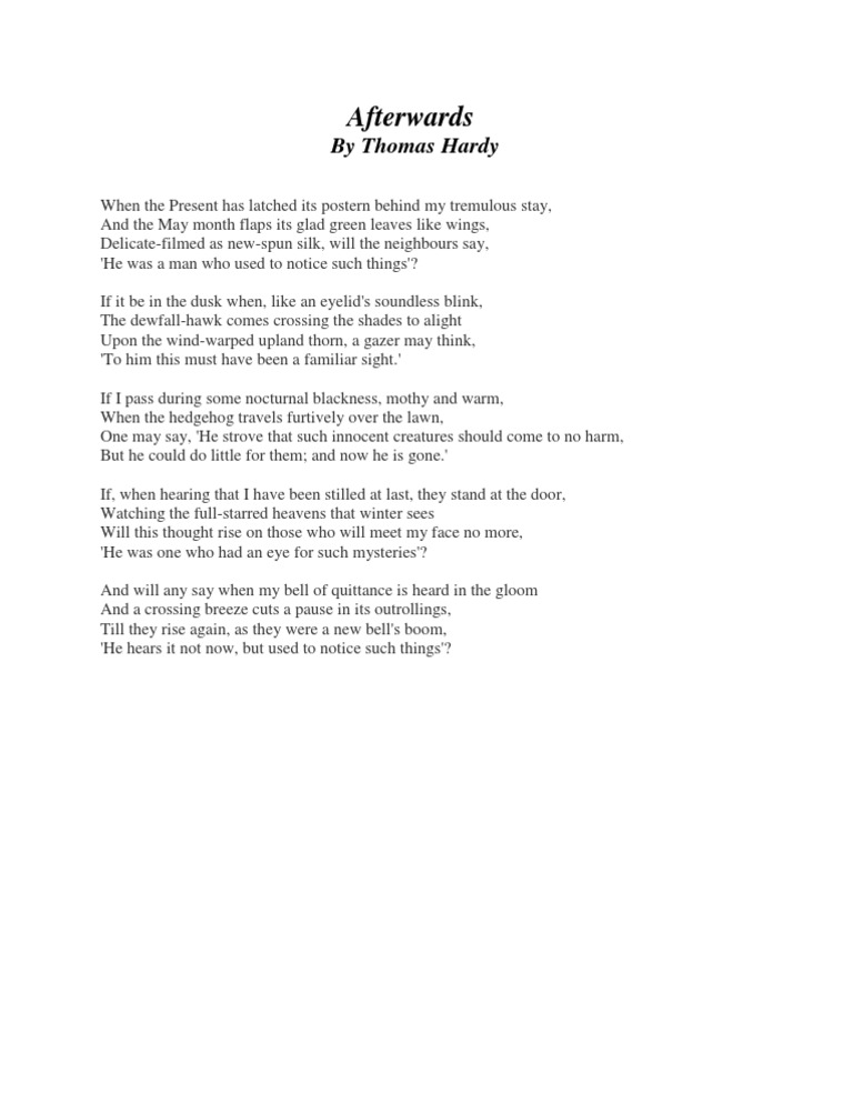 Thomas Hardy's "Afterwards" Poem Analysis | PDF