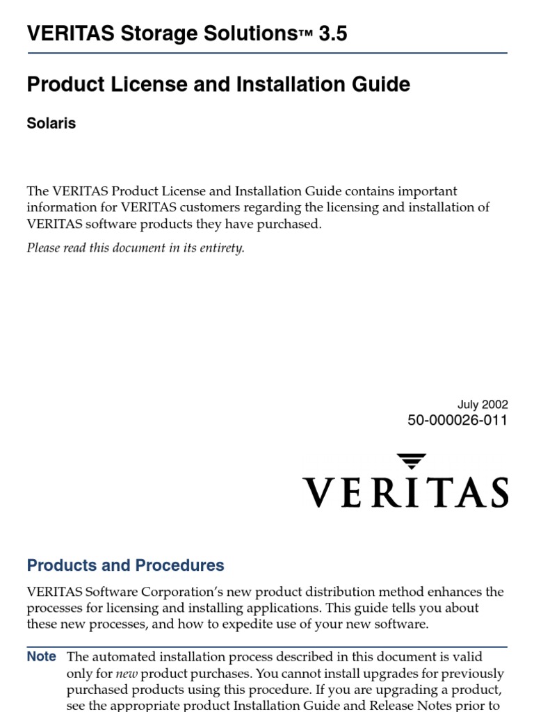 VERITAS Storage Solutions 3.5 Product License and Installation Guide ...