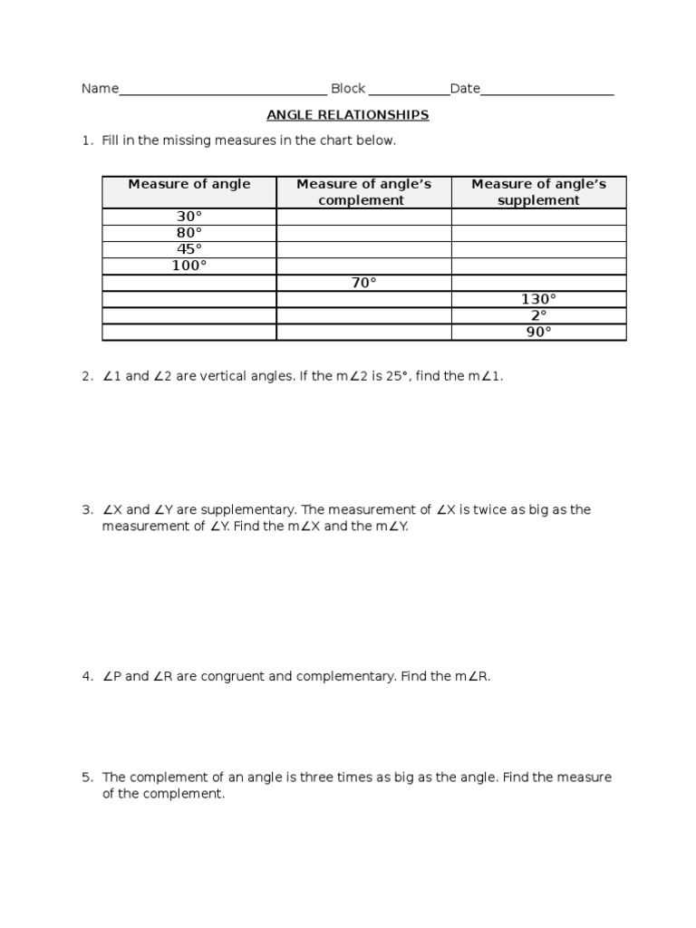 Angle Relationships Worksheet | PDF