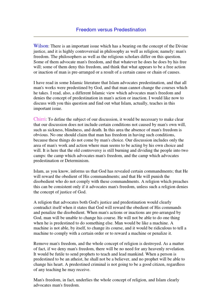 Freedom Versus Predestination | PDF | Predestination | Free Will