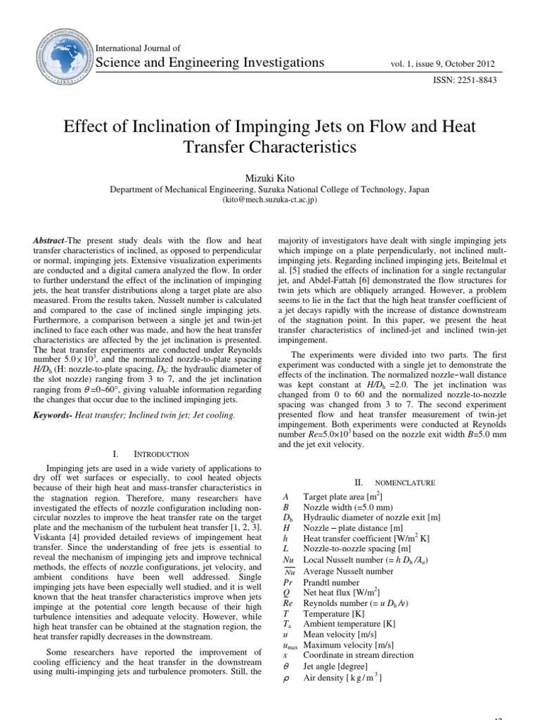Effect of Inclination of Impinging Jets On Flow and Heat Transfer Characteristics | PDF | Jet ...
