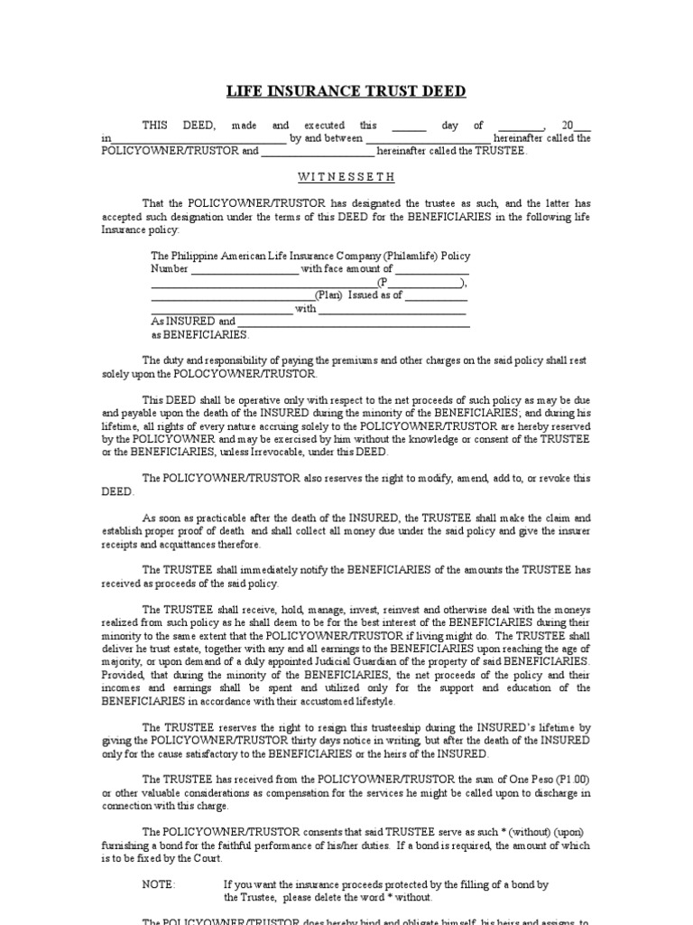Life Insurance Trust Deed | PDF | Trust Law | Life Insurance