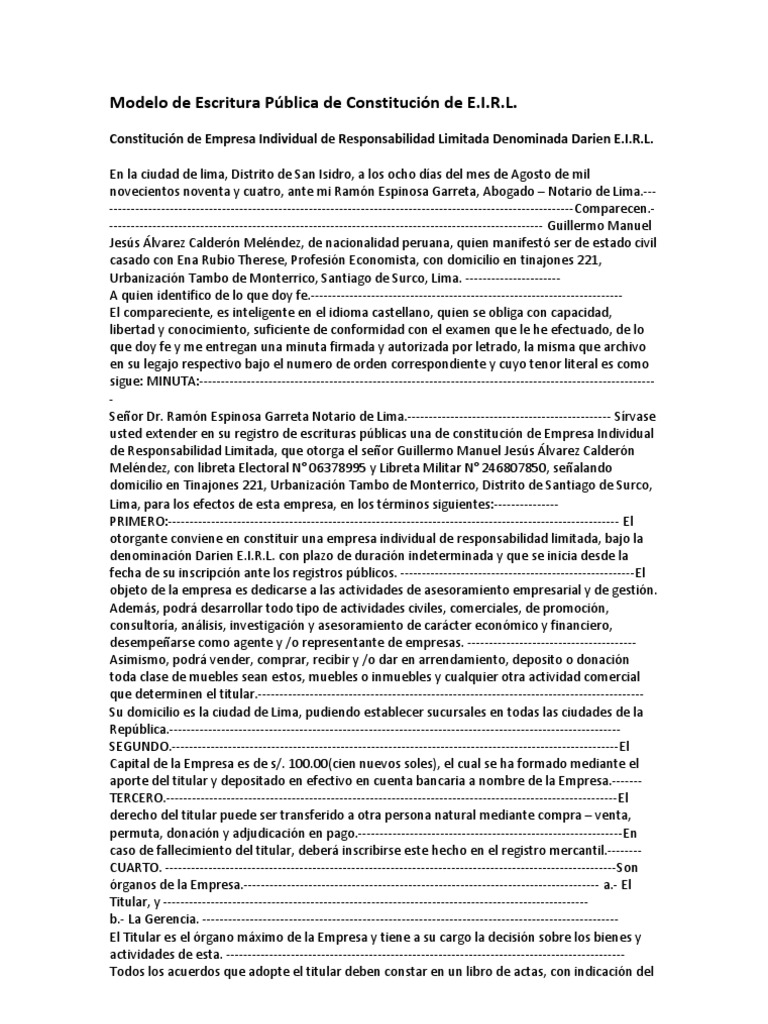 Modelo de Escritura Pública de Constitución de EIRL | PDF | Bancos | Ley procesal