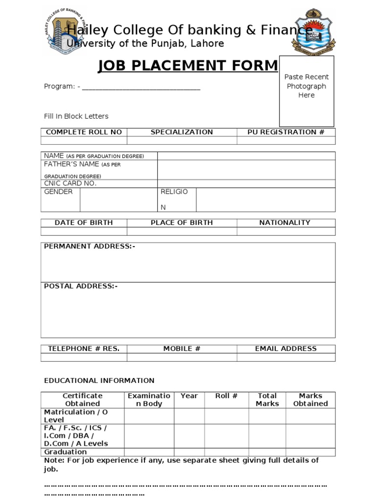 Job Placement Form: Hailey College of Banking & Finance | PDF | Finance ...