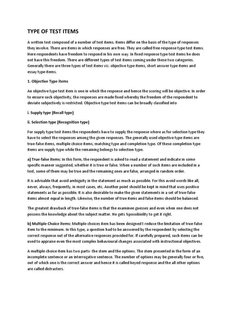 Type of Test Items | PDF | Test (Assessment) | Validity (Statistics)